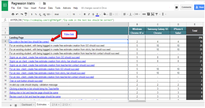 Manage regression testing with spreadsheets
